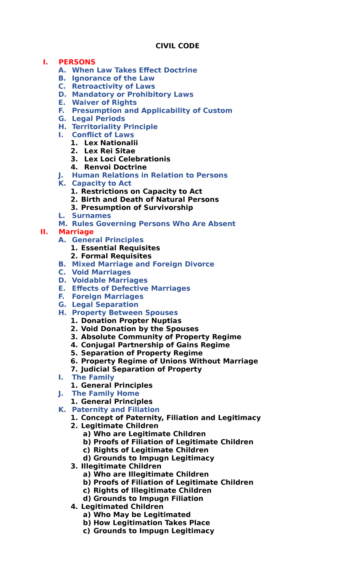 Civil Code Syllabus - CIVIL CODE I. PERSONS A. When Law Takes Effect ...