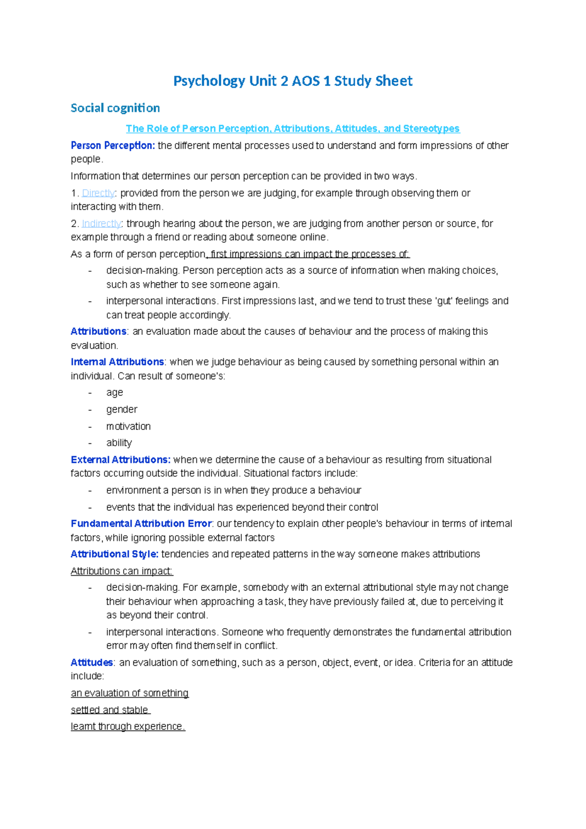 AOS 1 Study Notes - Psychology Unit 2 AOS 1 Study Sheet Social ...