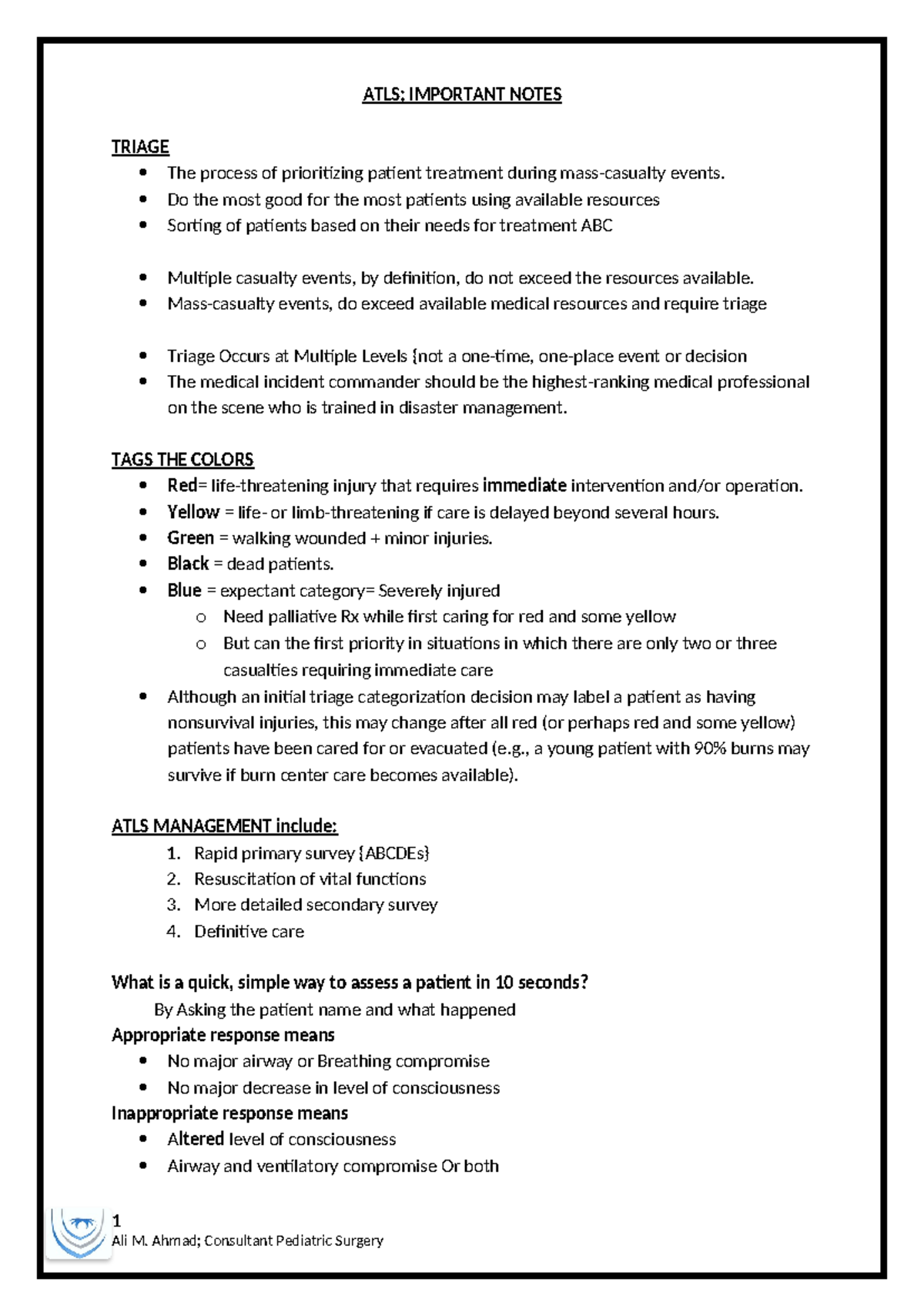 05Trauma - asa asas - ATLS; IMPORTANT NOTES TRIAGE The process of ...