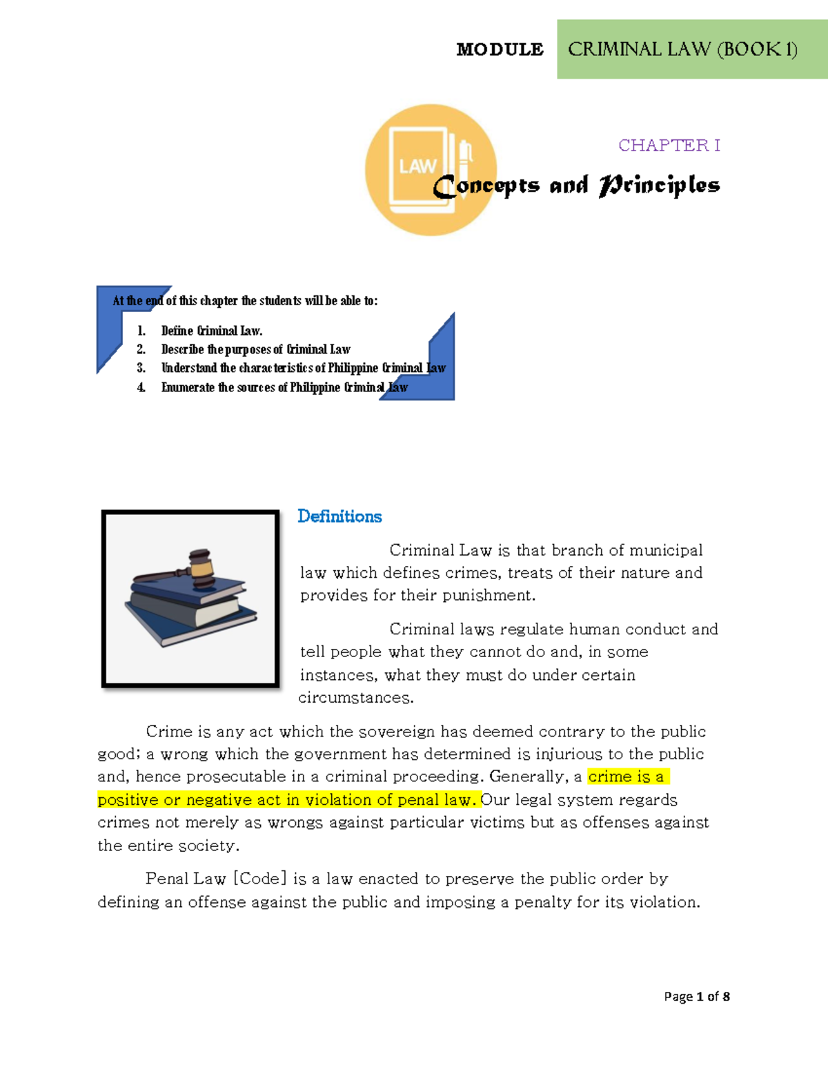 Chapter 01 - Concepts and Principles - Definitions Criminal Law is that ...