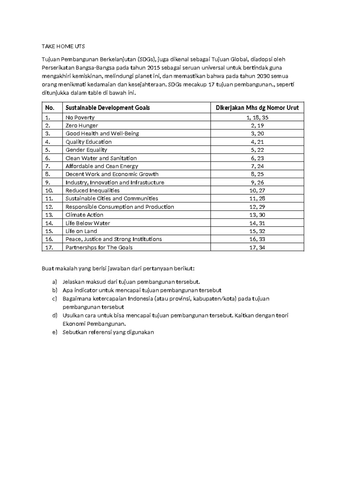 TAKE HOME UTS - asdaddxc - TAKE HOME UTS Tujuan Pembangunan Berkelanjutan (SDGs), juga dikenal ...