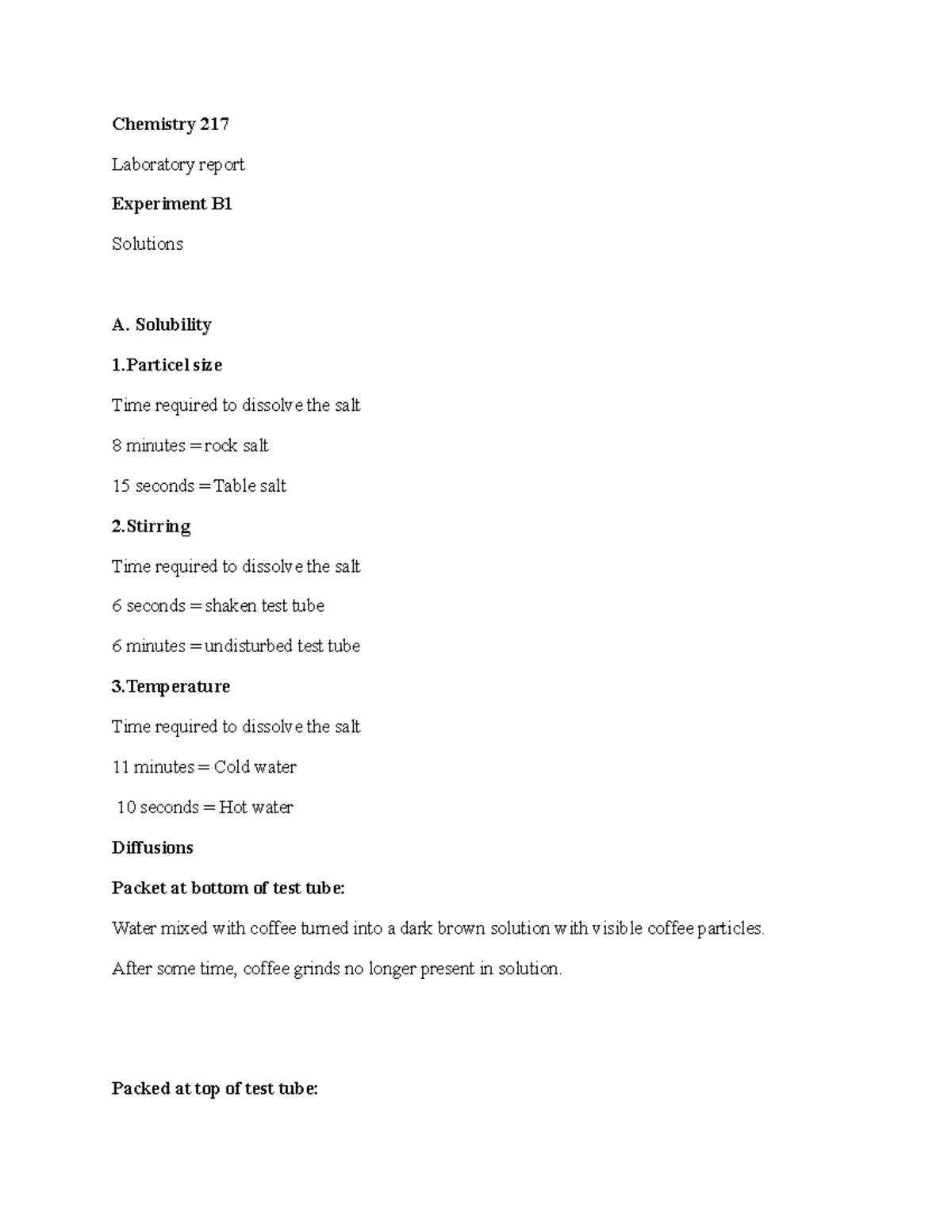 CHEM217 Experiment B 1 - Chemistry 217 Laboratory report Experiment B ...