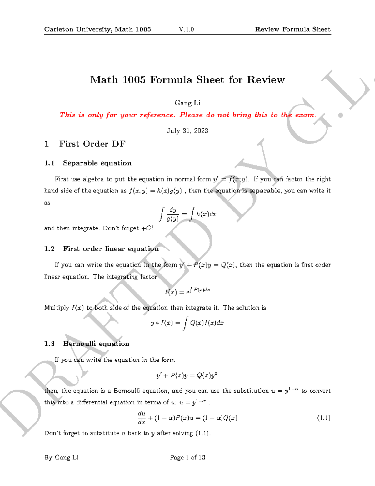 Formula sheet for review 1-1 - DRAFTED BY G. Math 1005 Formula Sheet ...