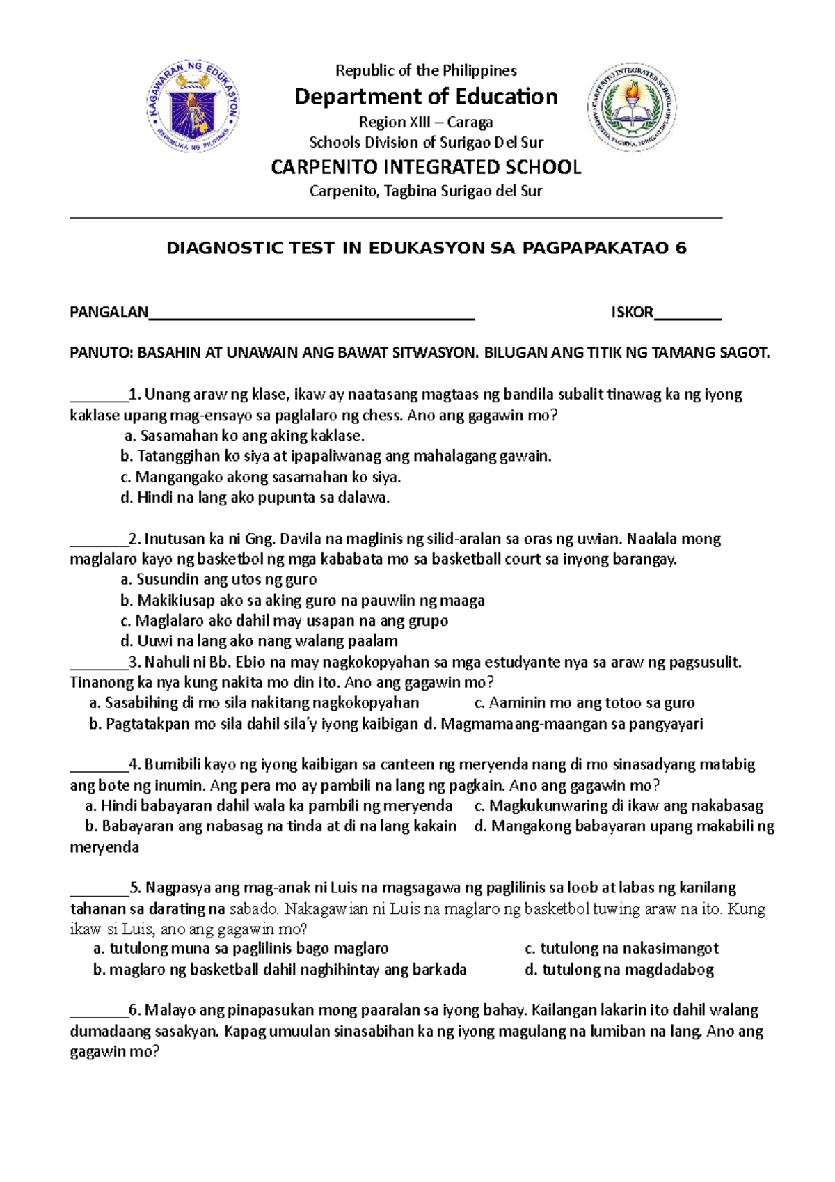 Diagnostic test esp 6 - Republic of the Philippines Department of ...