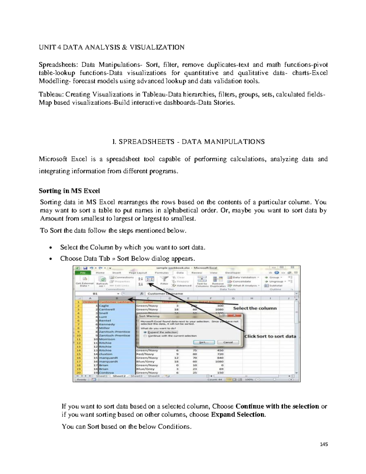 UNIT-4 OF Fundamentals OF DATA Analytics - UNIT 4 DATA ANALYSIS & VISUALIZATION Spreadsheets ...