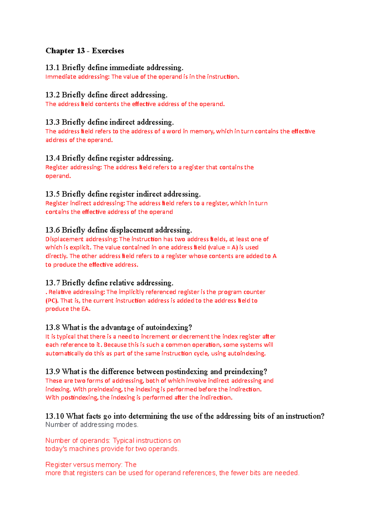 Chap-13 - no des - Chapter 13 - Exercises 13 Briefly define immediate addressing. Immediate ...