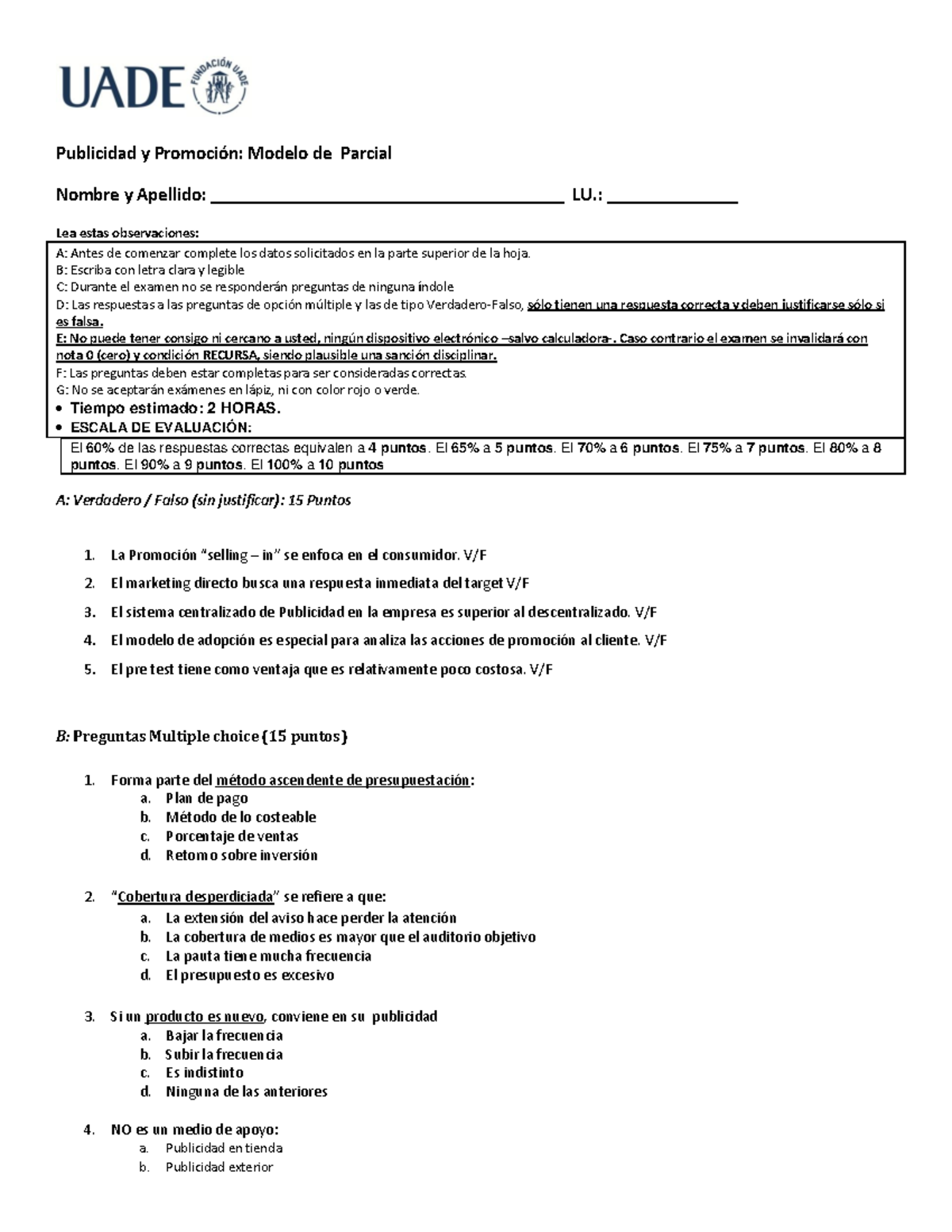 Modelo de Examen Parcial Publicidad y Promocion - Warning: TT: undefined function: 32 Warning ...