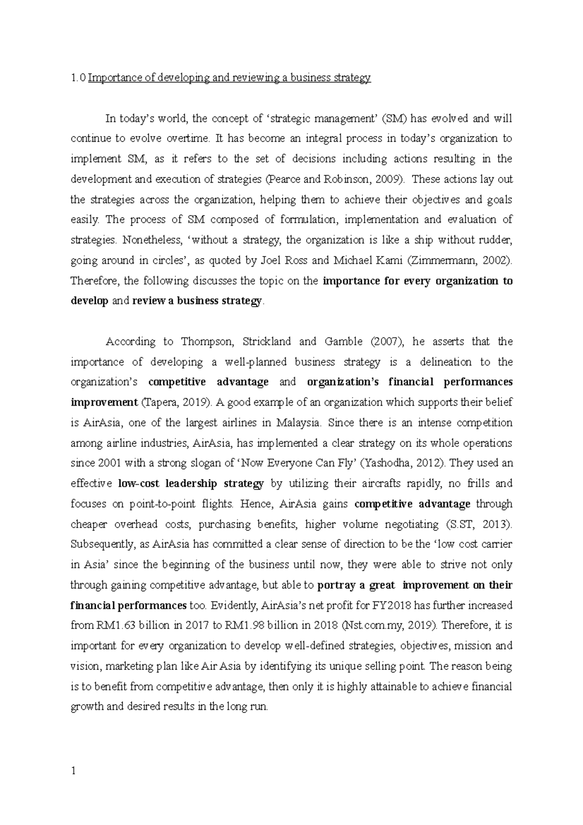 Strategic Management Individual Assignment - 1 of developing and ...