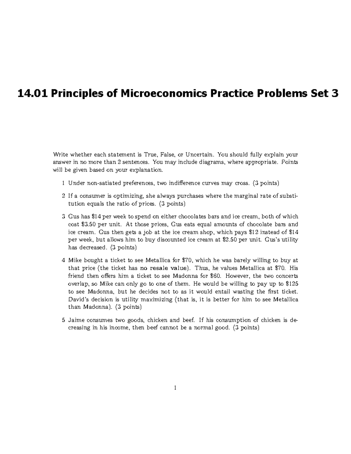 14.01 Principles of Microeconomics Practice Problems Set 3 - 14 Principles of Microeconomics ...