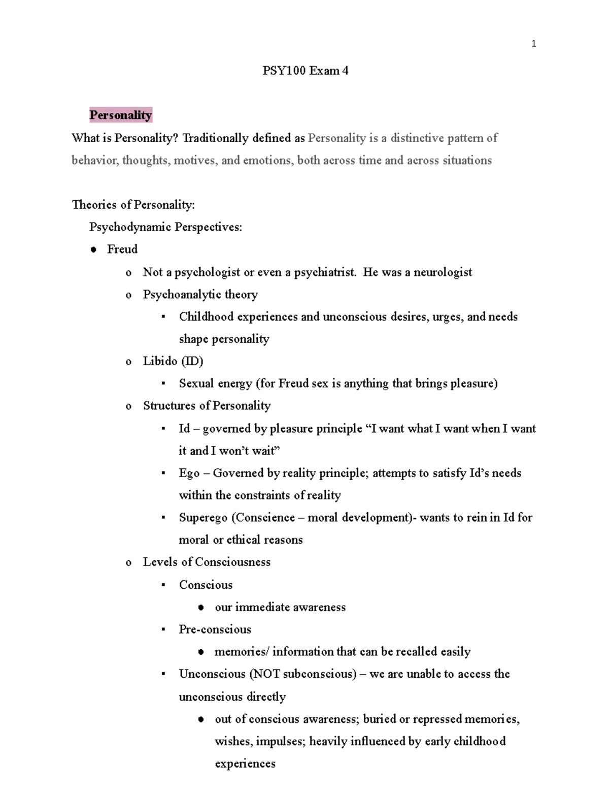 Personality/Psychological Disorders/ Therapy - PSY100 Exam 4 ...