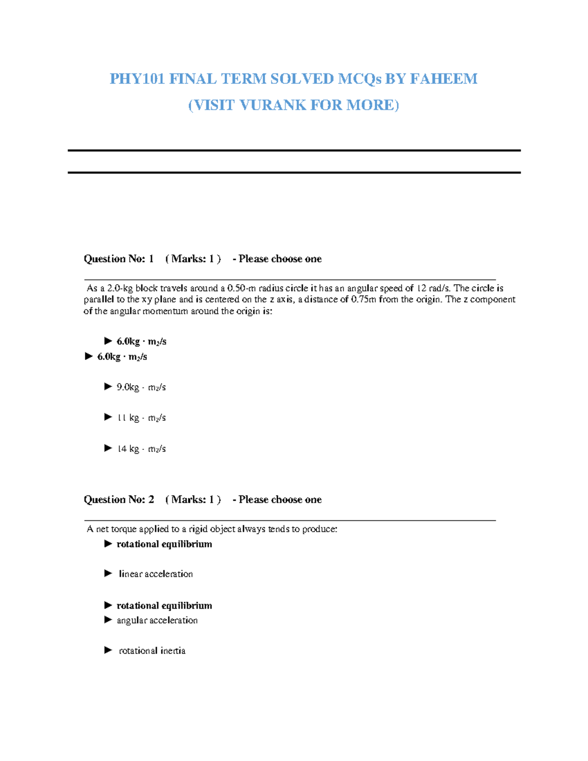 PHY101 Final TERM Solved MCQs BY Faheem - PHY101 FINAL TERM SOLVED MCQs BY FAHEEM (VISIT VURANK ...