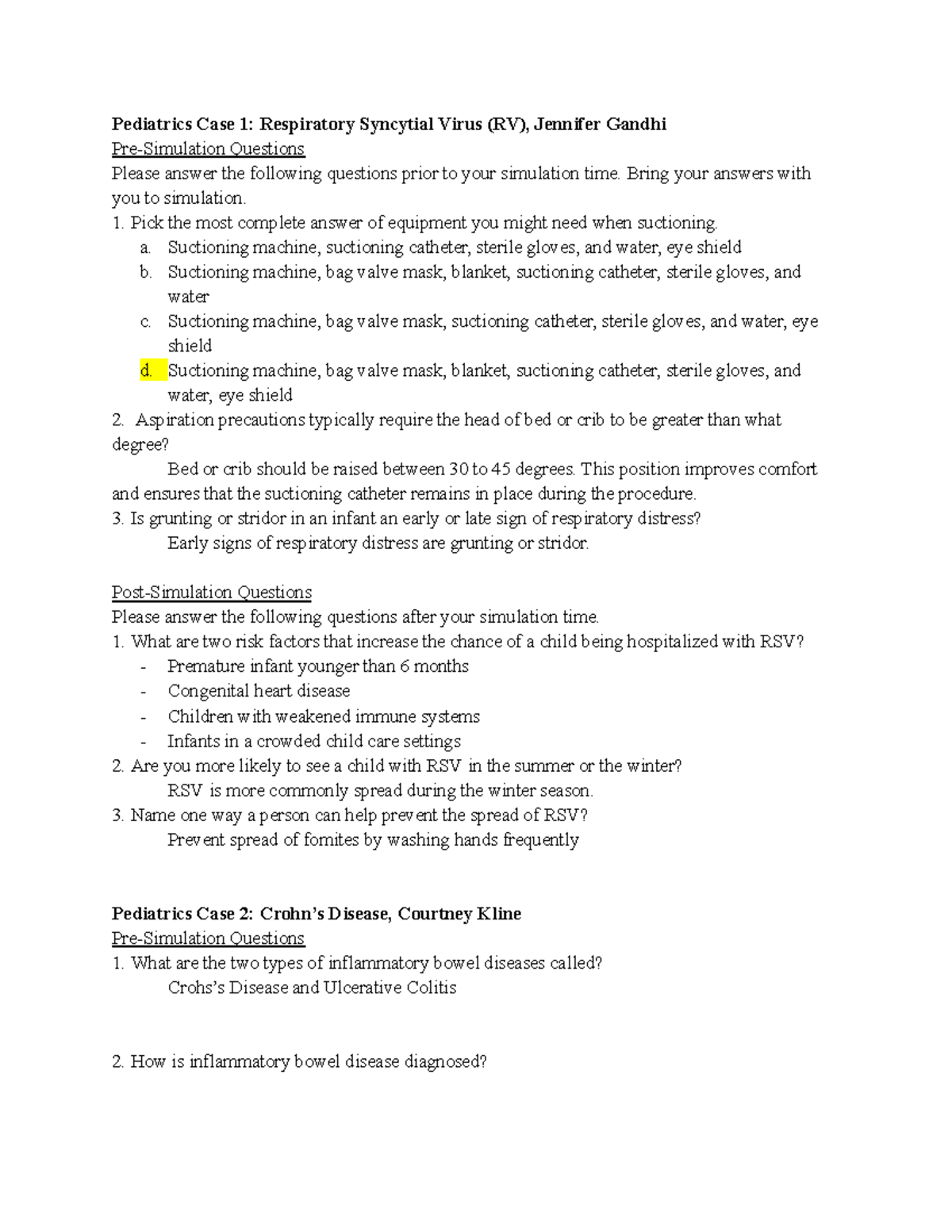 Peds Case Studies - Pediatrics Case 1: Respiratory Syncytial Virus (RV ...