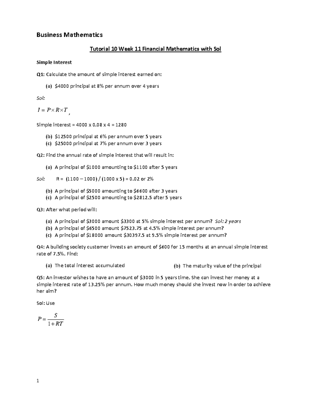 Business Mathematics STA117 2020 T10 with Solutions - 1 Business ...