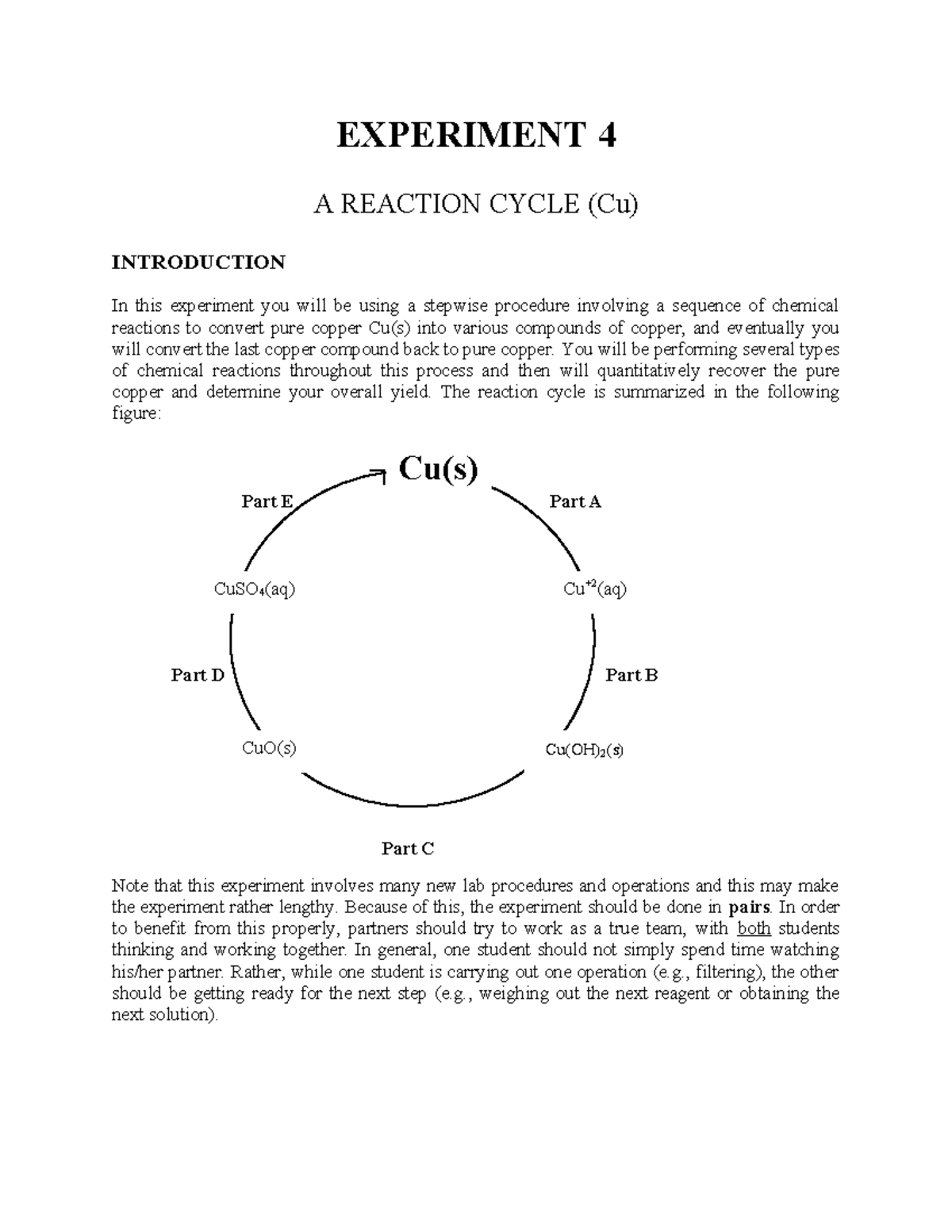 Chem 207 Exp 4 - experiment 4 lab worksheet - EXPERIMENT 4 A REACTION CYCLE (Cu) INTRODUCTION In ...