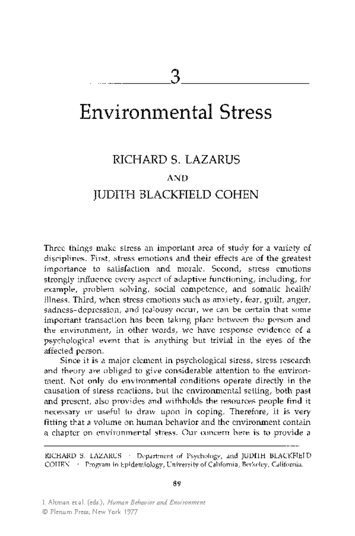 Lazarus 1977 - Environmental Stress - ________________3 ...