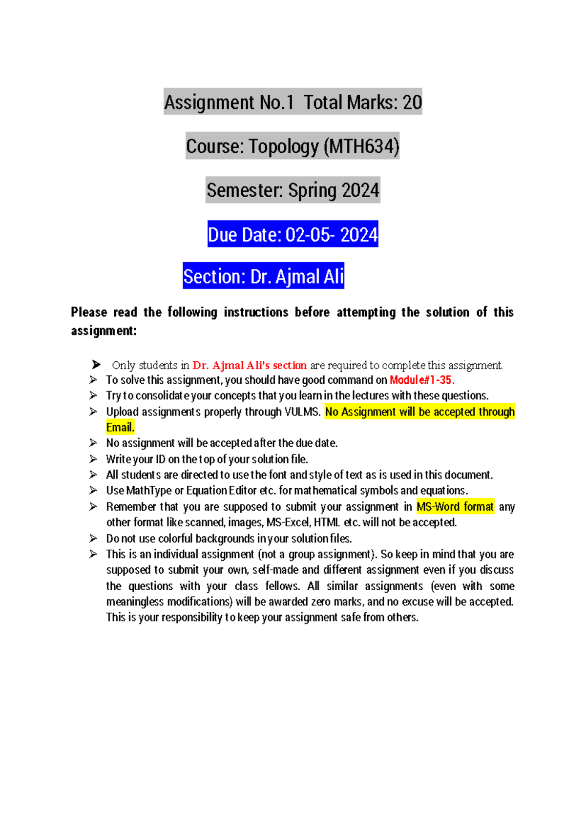 Assignment 1 MTH634 - Assignment No Total Marks: 20 Course: Topology (MTH634) Semester: Spring ...