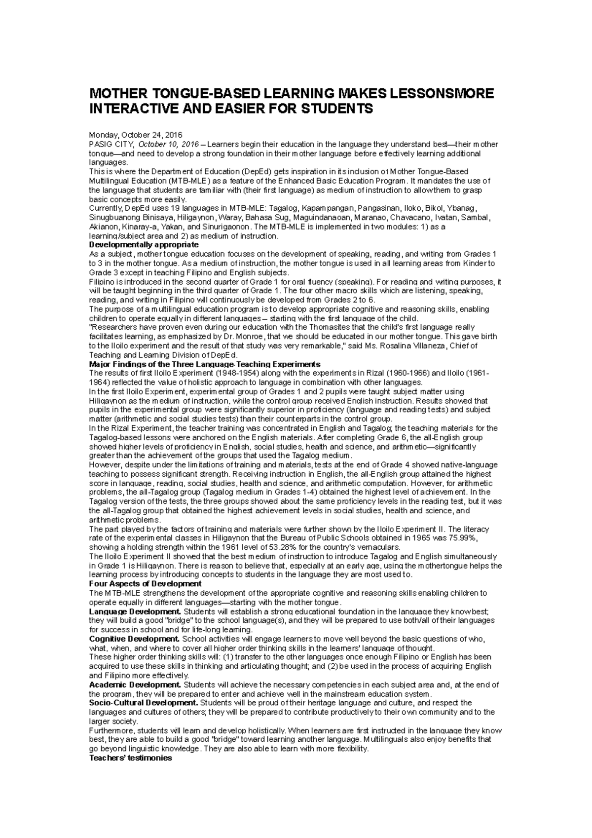 MTB-MLE framwork info - n/a - MOTHER TONGUE-BASED LEARNING MAKES ...