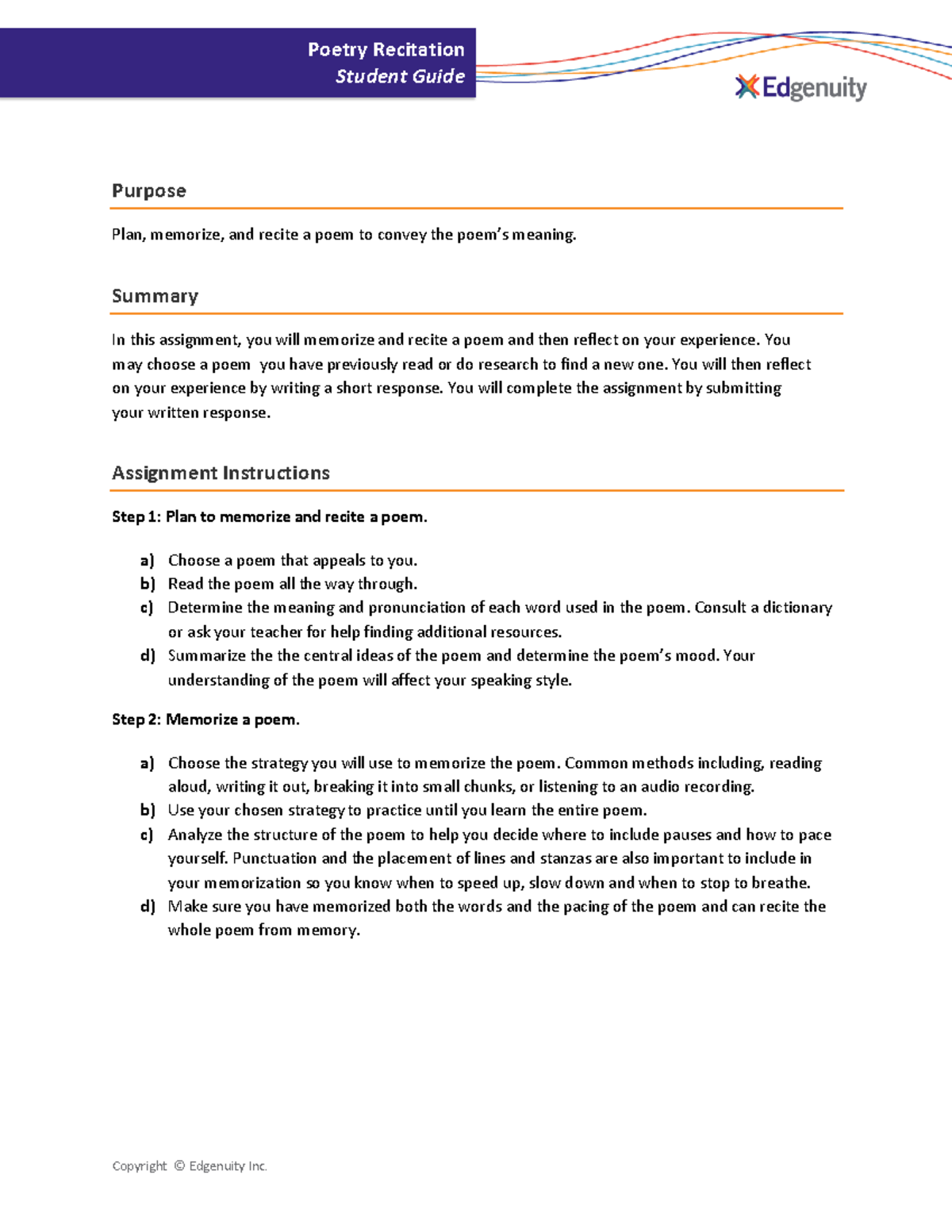 Poetry Recitation Student Guide - Copyright © Edgenuity Inc. Poetry ...
