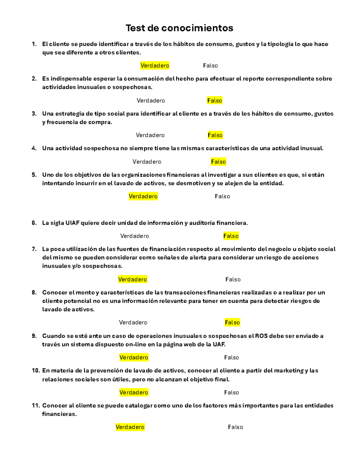 Test de conocimientos - Test de conocimiento - Test de conocimientos El ...