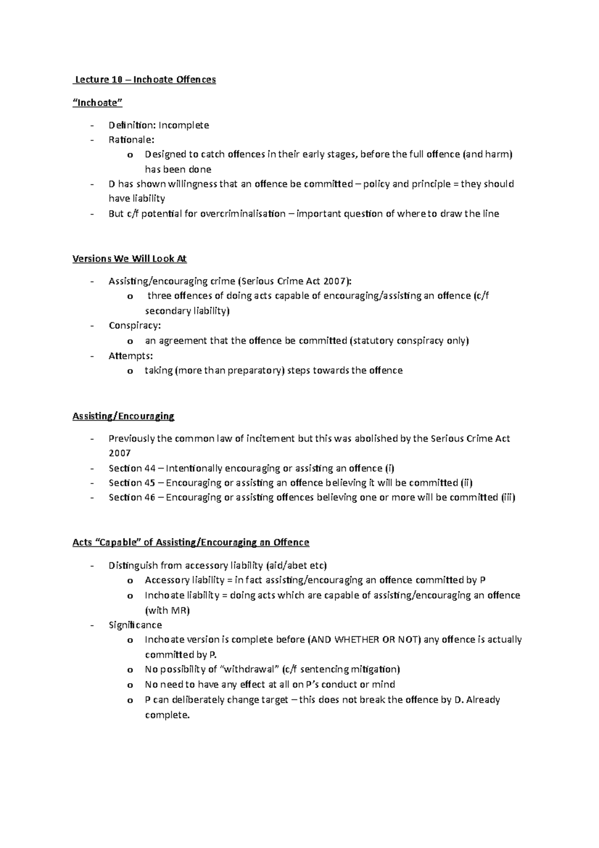 Lecture 10 – Inchoate Offences - Lecture 10 – Inchoate Offences ...