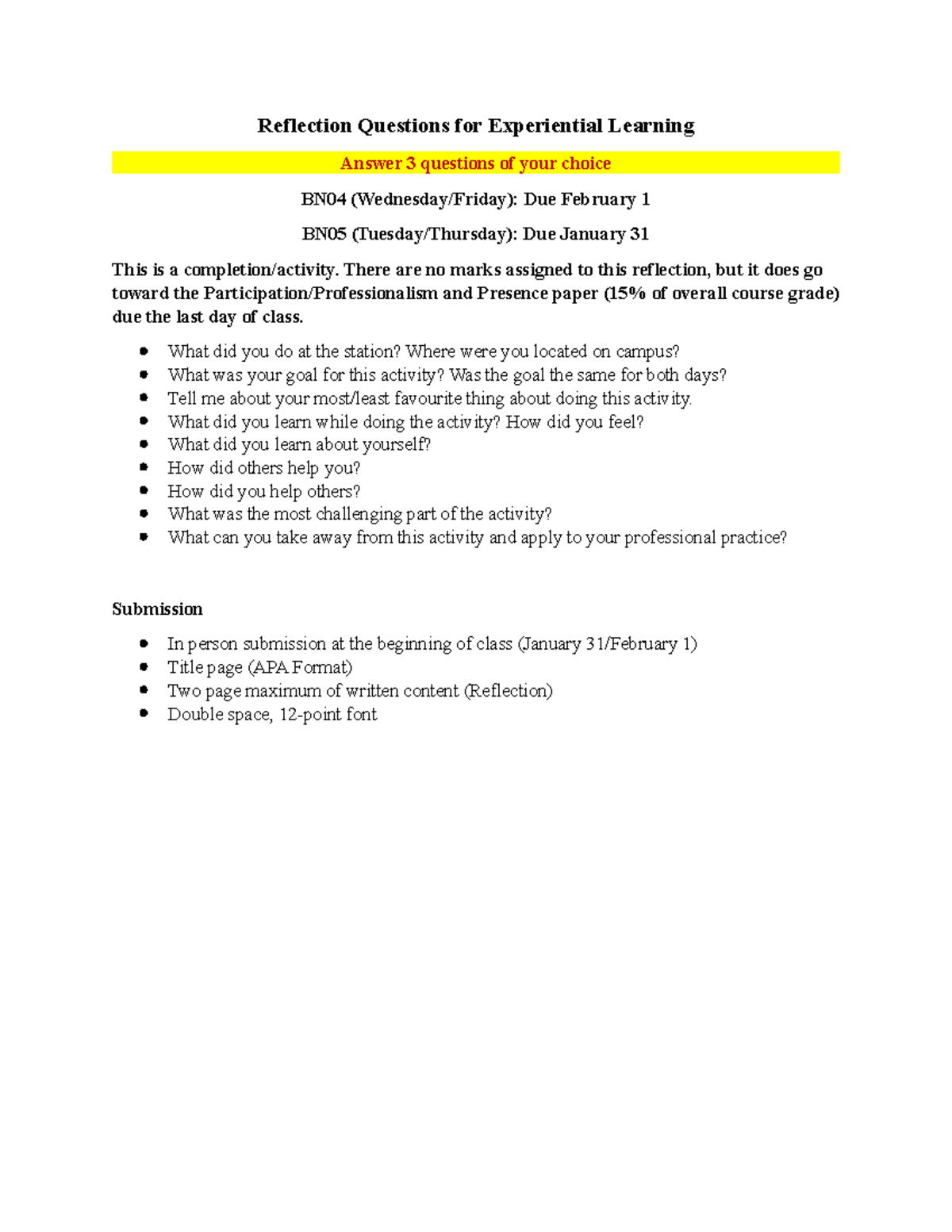 Reflection Questions for Experiential Learning - There are no marks ...