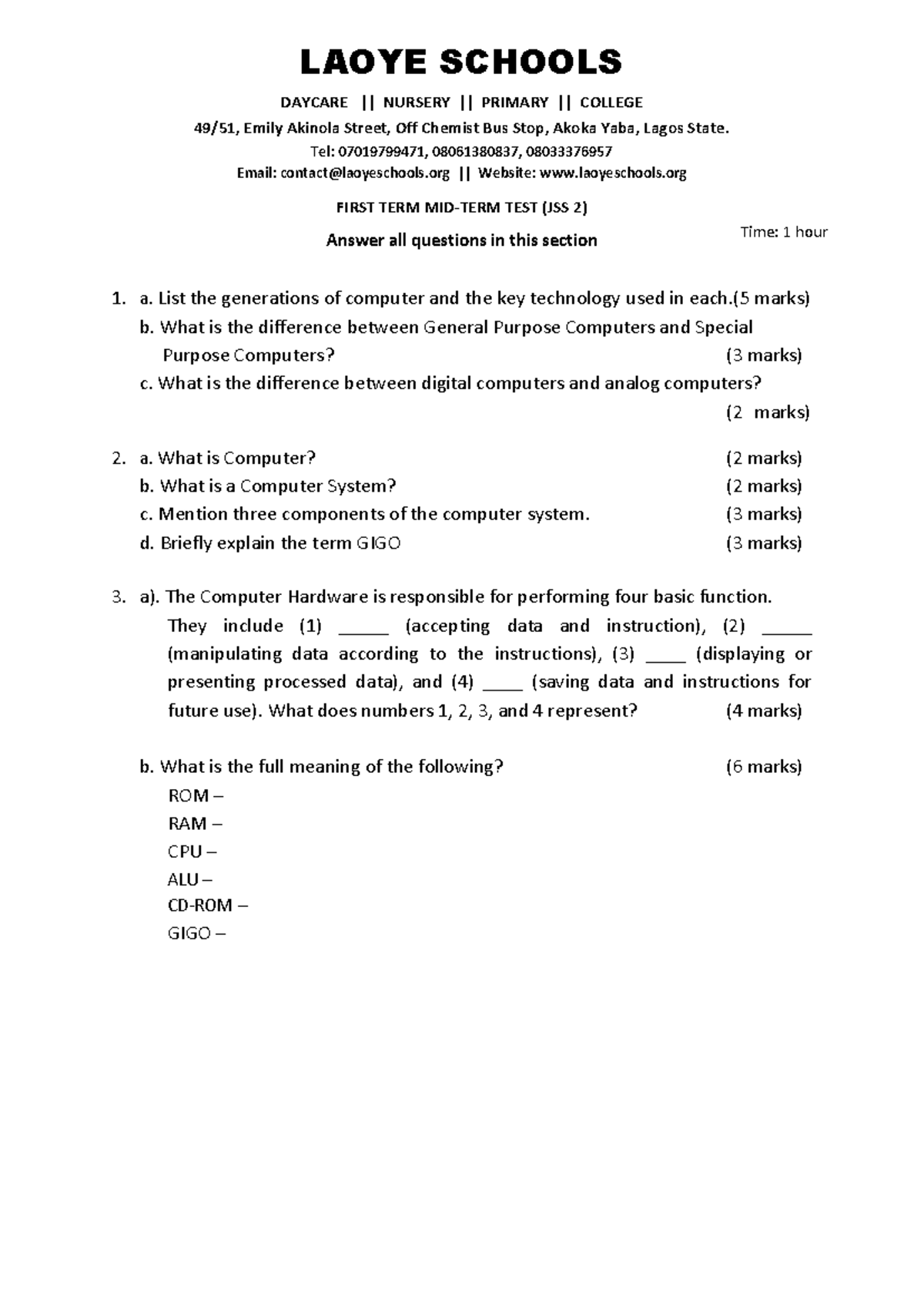 JSS 2 Mid term Test - Its just for the download - LAOYE SCHOOLS DAYCARE ...