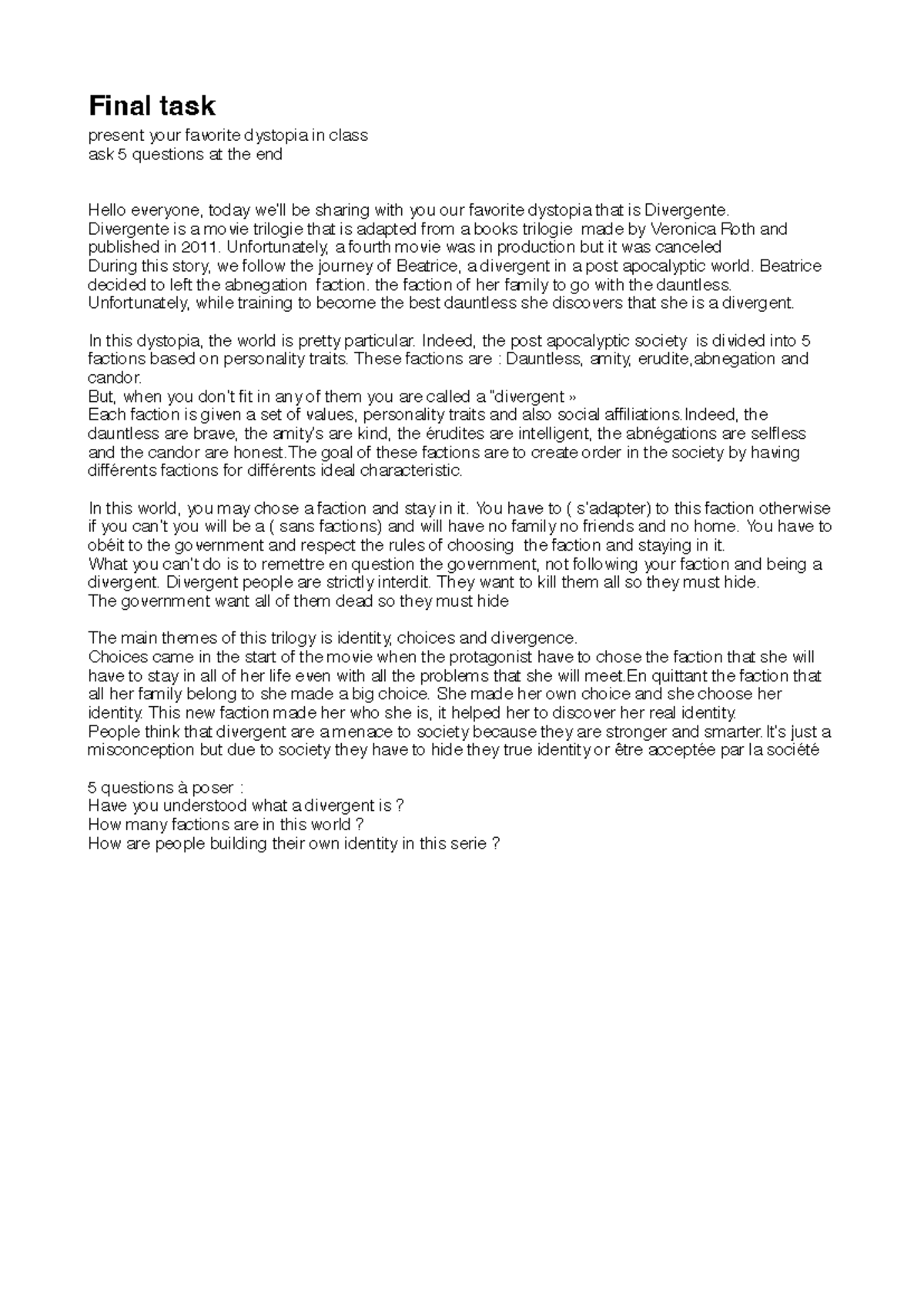 Td anglais - Final task present your favorite dystopia in class ask 5 ...