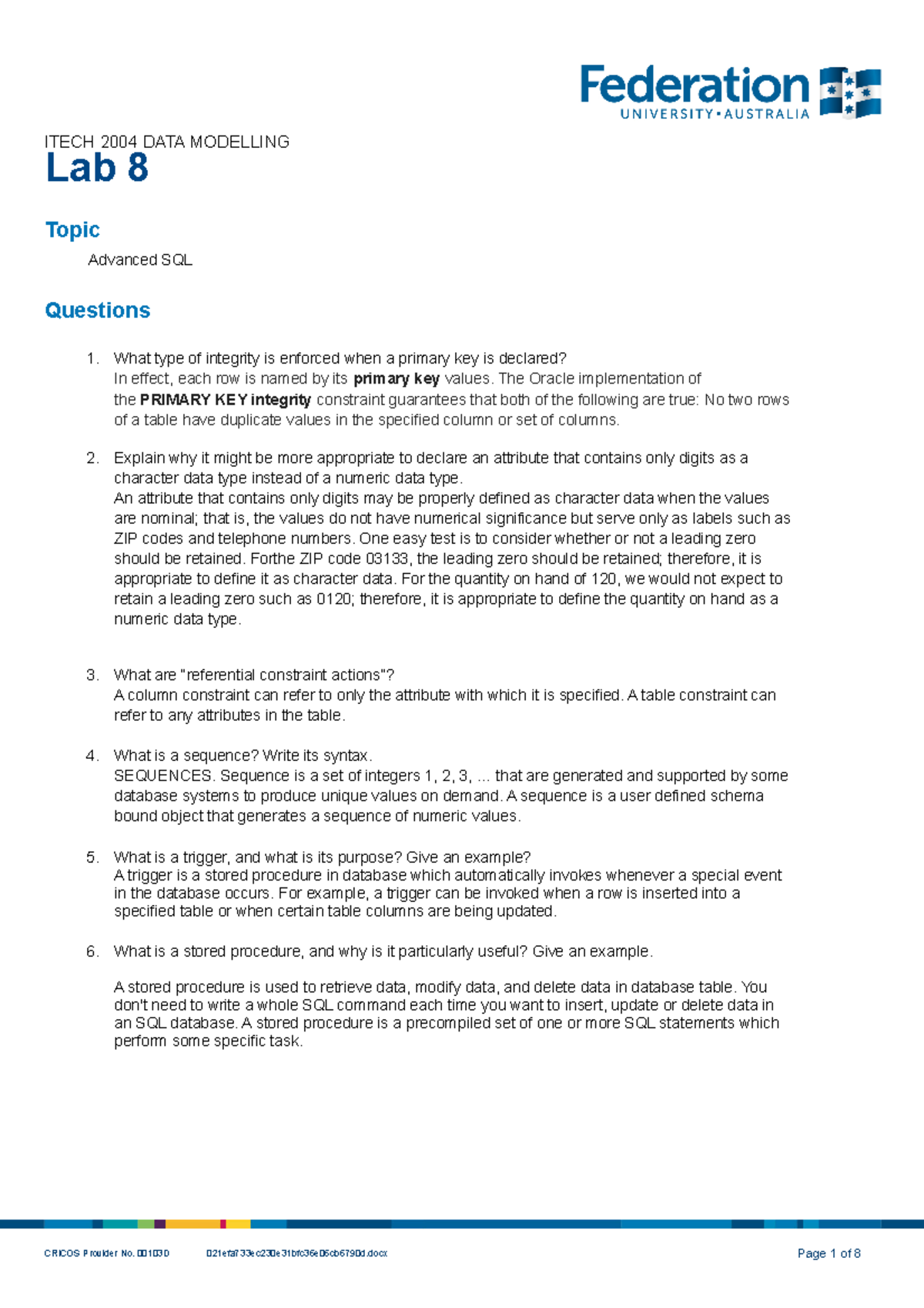 Itech 2004 08 Lab Lab Work Itech 2004 Data Modelling Lab 8 Topic Advanced Sql Questions What