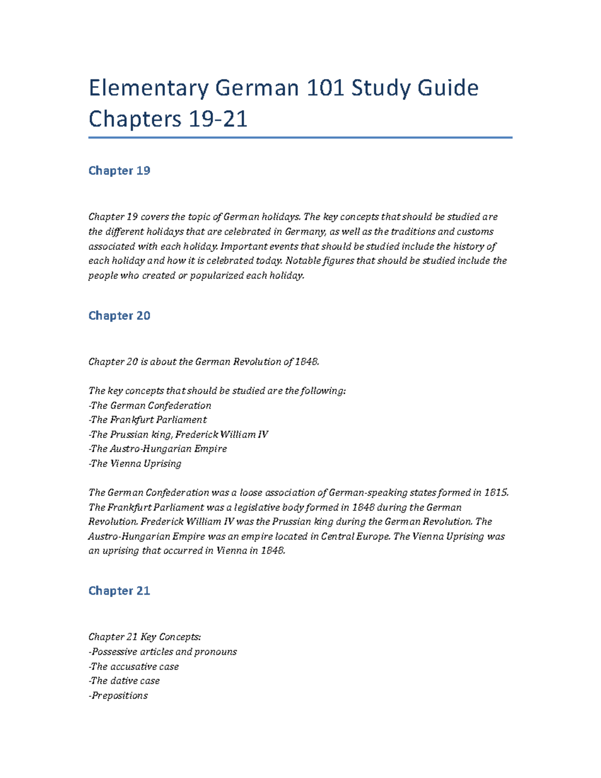 Elementary German 101 Study Guide Chapters 19-21 - Elementary German ...