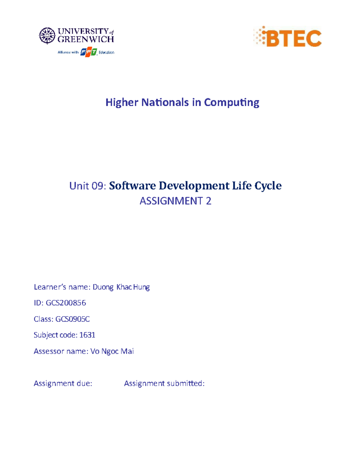 1631 Gcs2008 56 Duong Khac Hung Assignment 2 Higher Nationals In Computing Unit 09 Software
