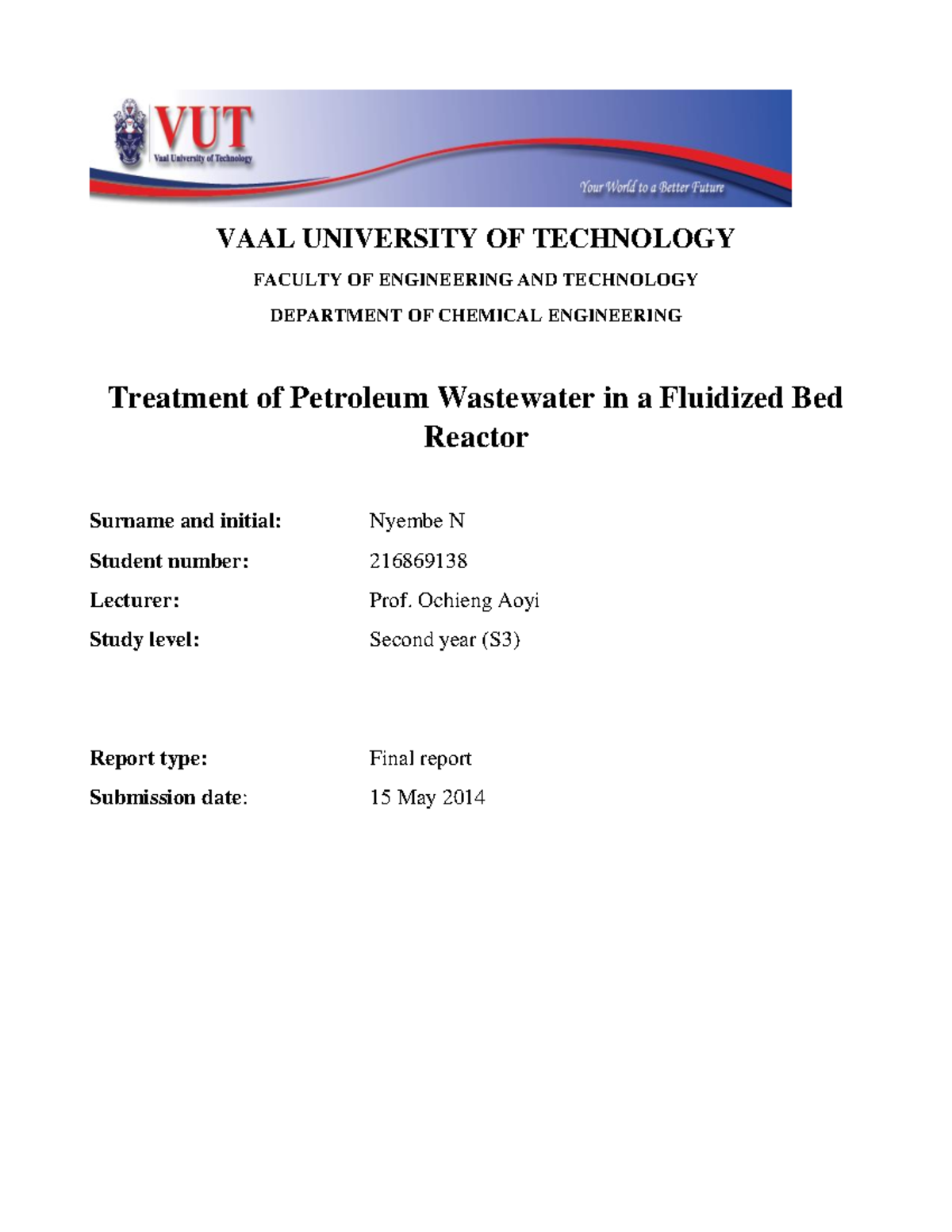 Example of final report - VAAL UNIVERSITY OF TECHNOLOGY FACULTY OF ...