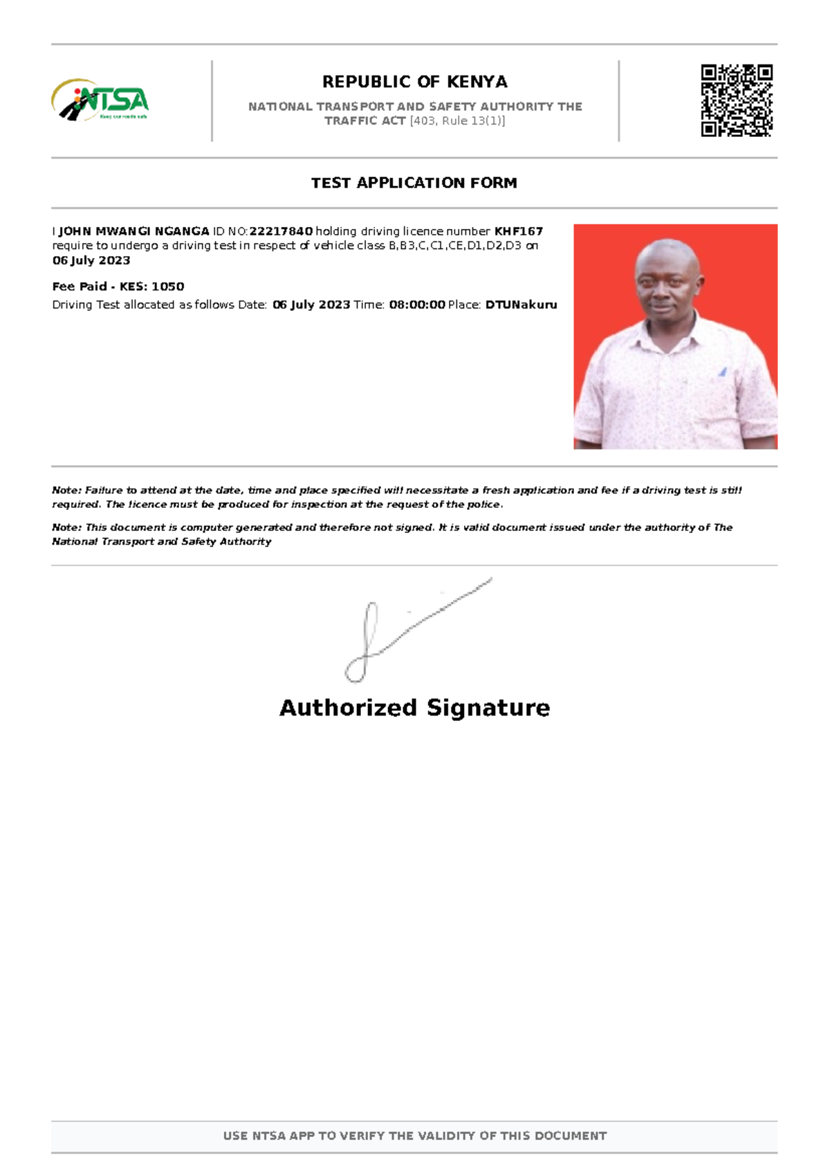 DTDB-9Q5IQDZ-Driving Test Application JOHN - REPUBLIC OF KENYA NATIONAL ...