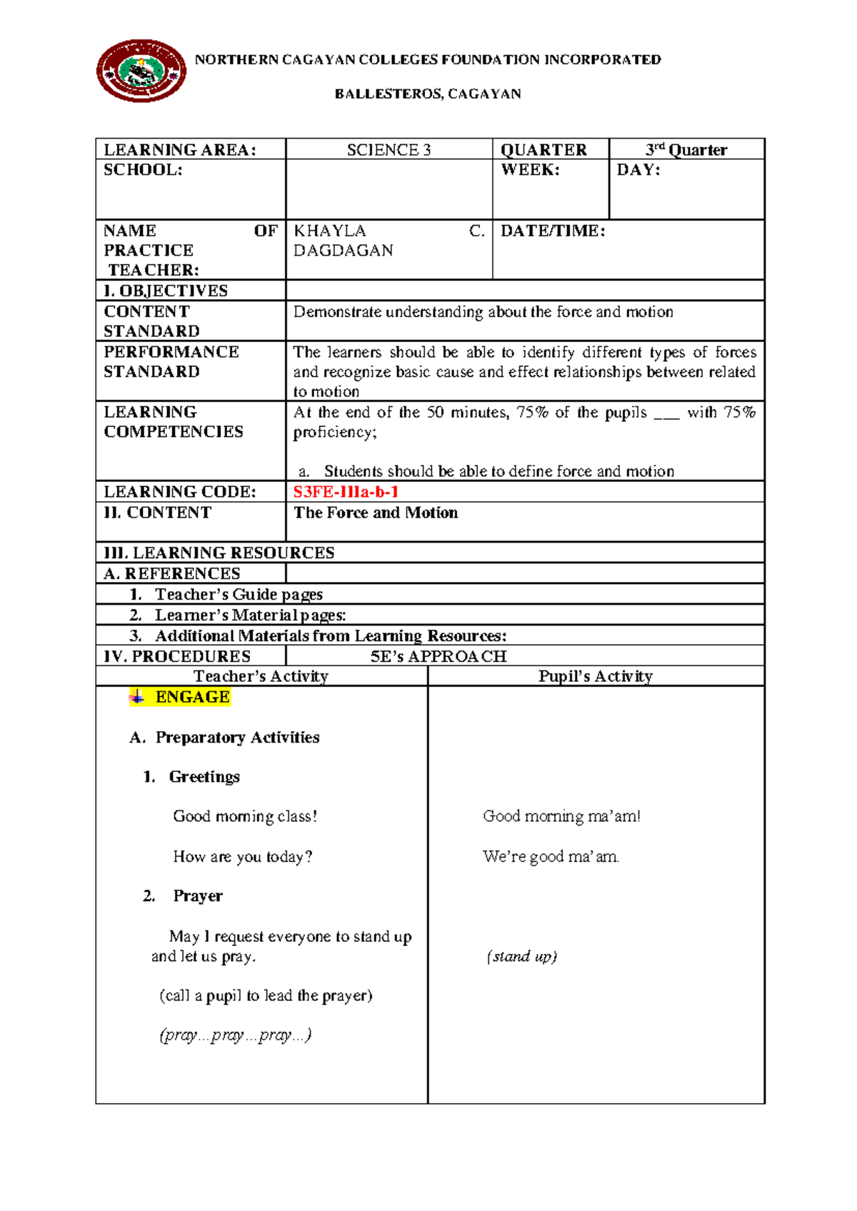 5E's LP in Science 3 - Lesson Plan for your subject. - BALLESTEROS ...