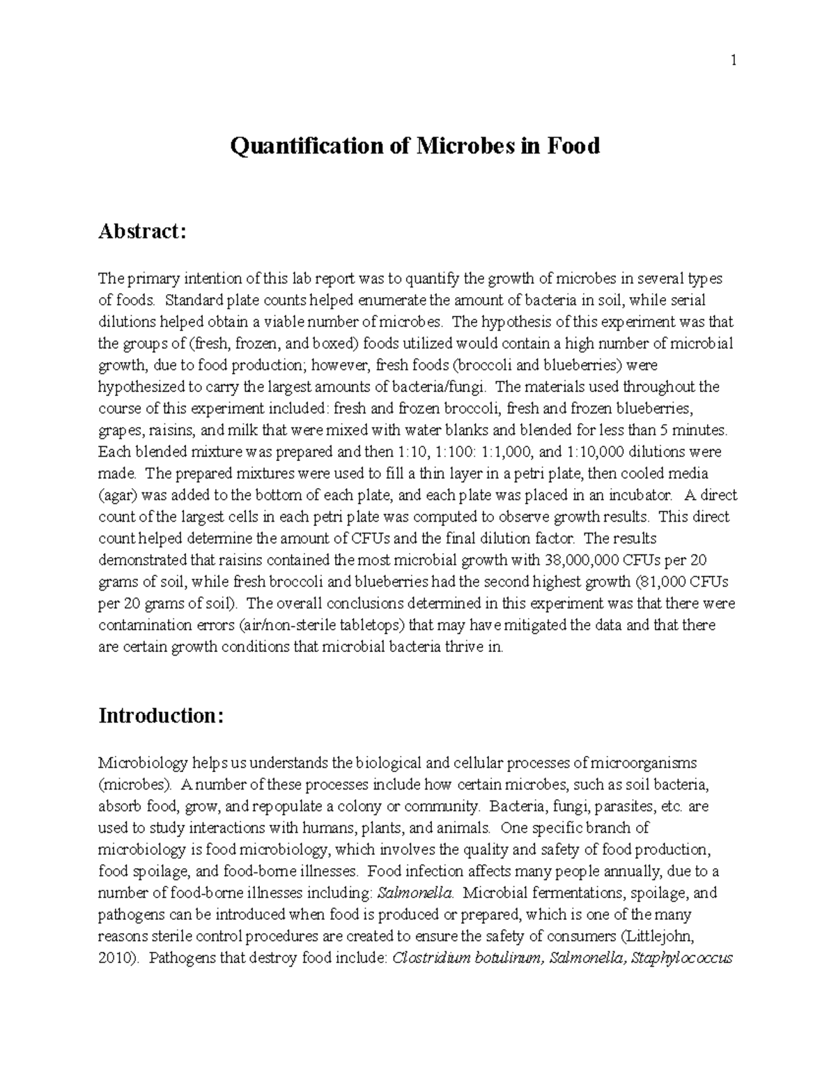 Quantification of Microbes in Food Formal Lab Report - Quantification ...