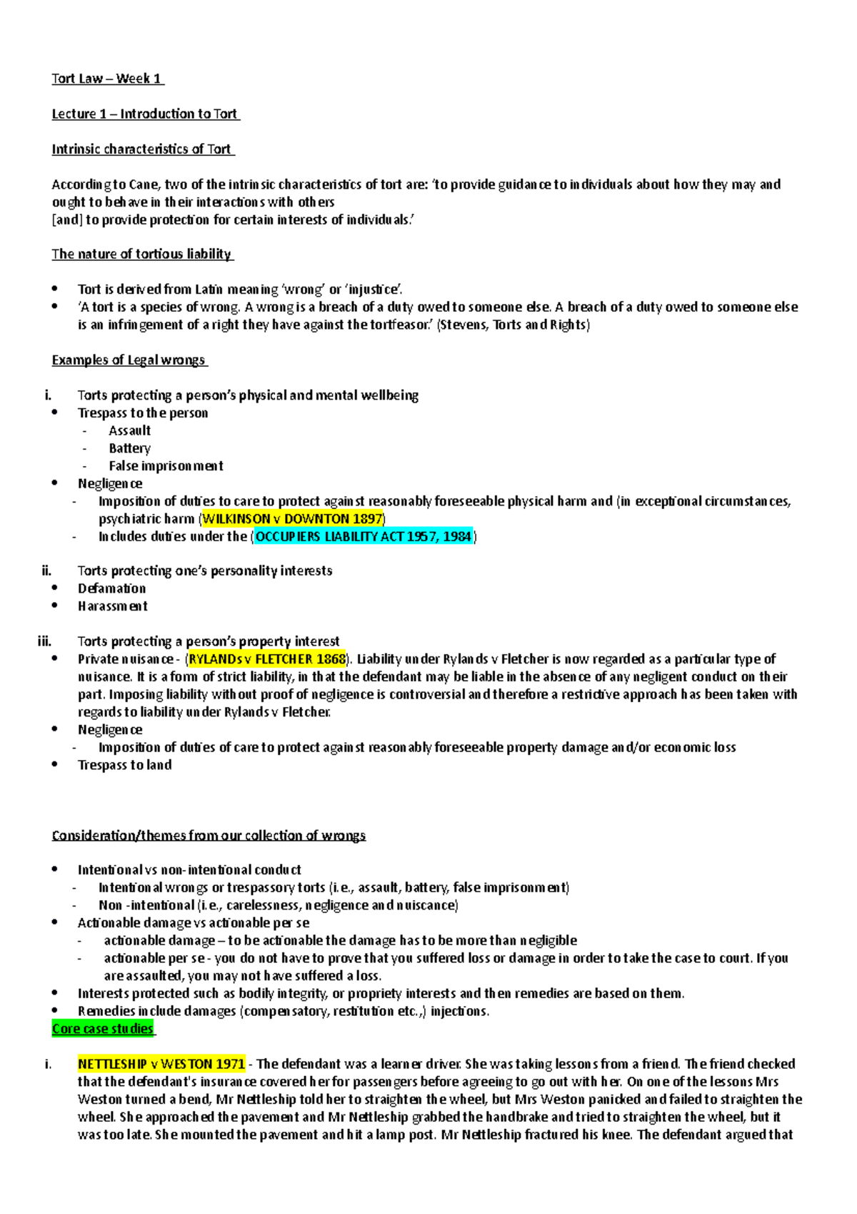 1. TORT LAW - WK1 ( Intro) - Tort Law – Week 1 Lecture 1 – Introduction to Tort Intrinsic - Studocu