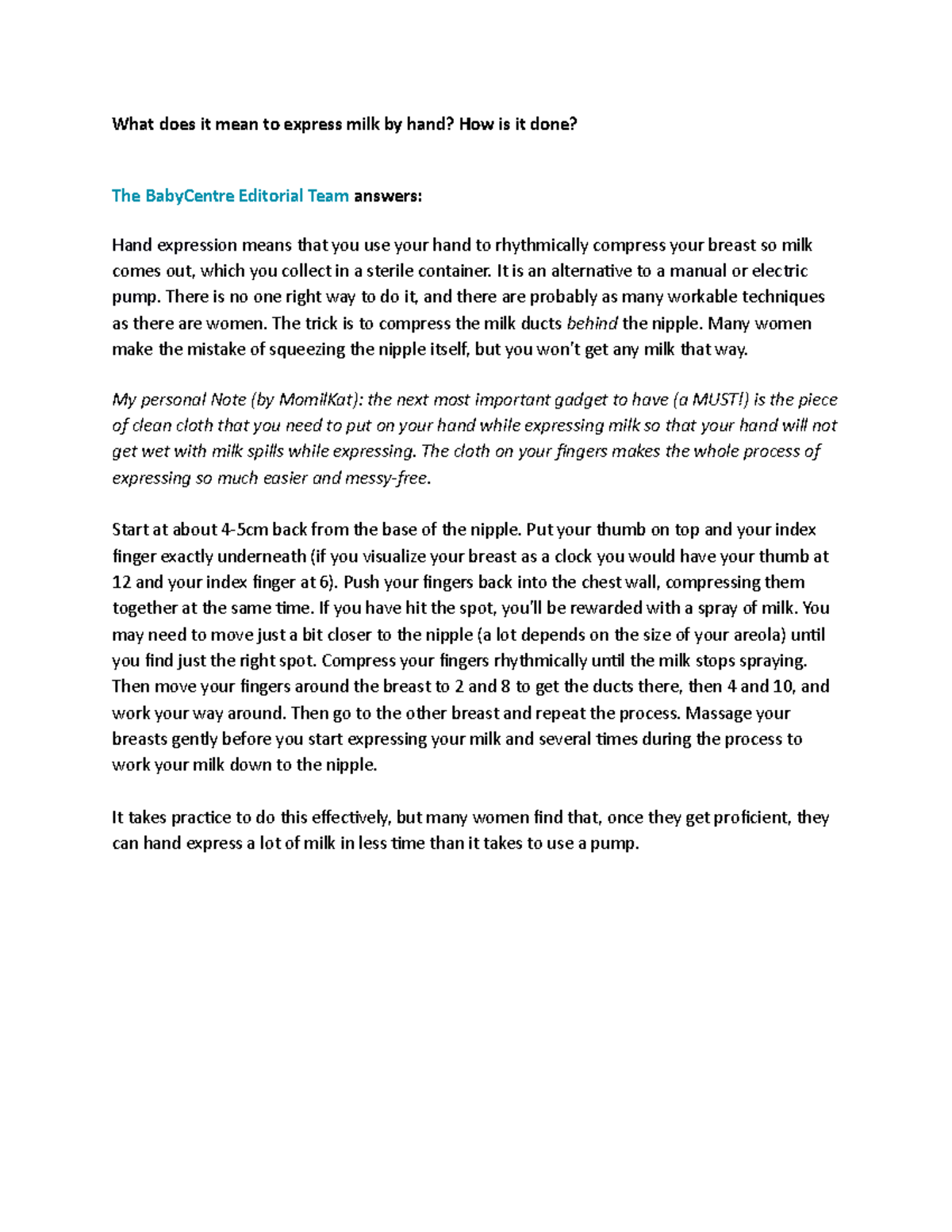 What does it mean to express milk by hand - It is an alternative to a ...