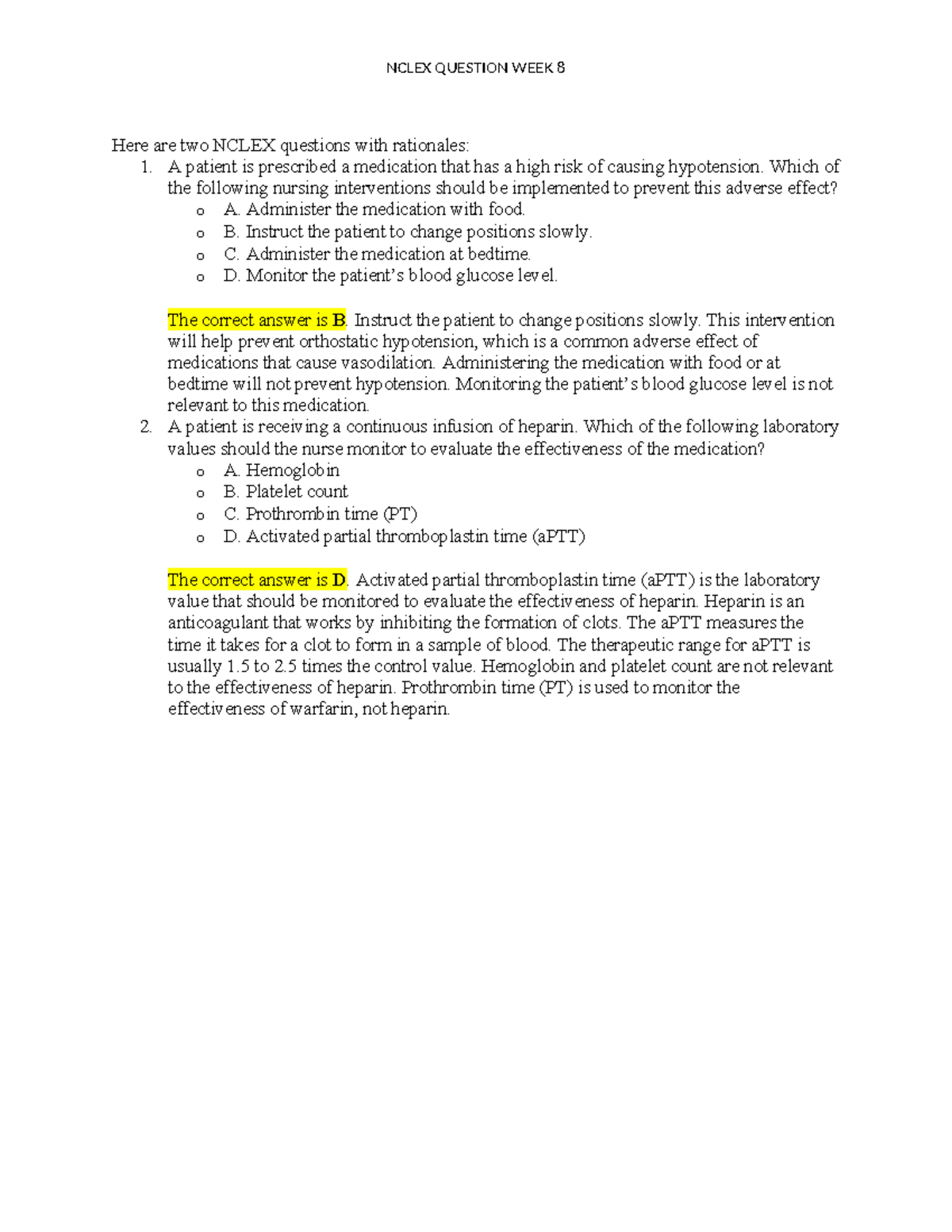 Nclex Questions week 8 - NCLEX QUESTION WEEK 8 Here are two NCLEX questions with rationales: 1 ...