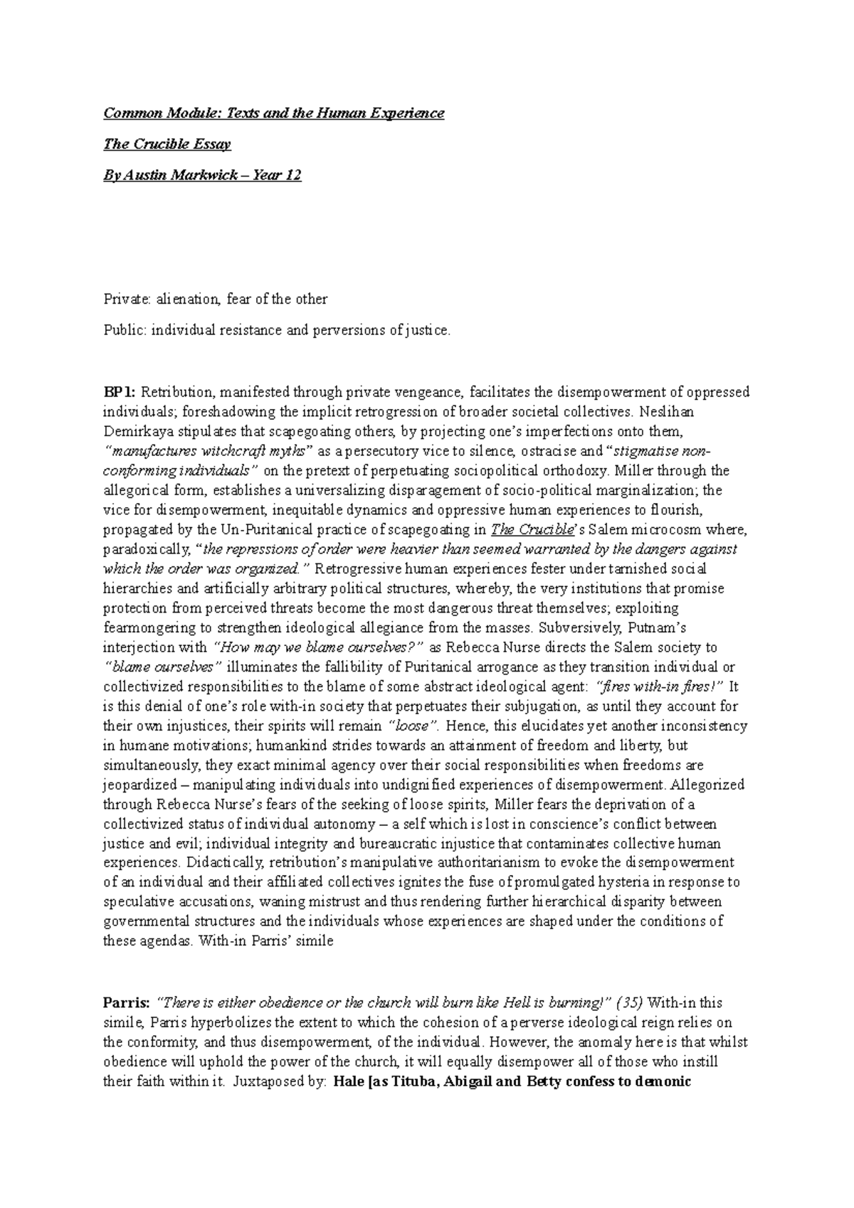 Crucible Essay (Practice #1) - Studocu