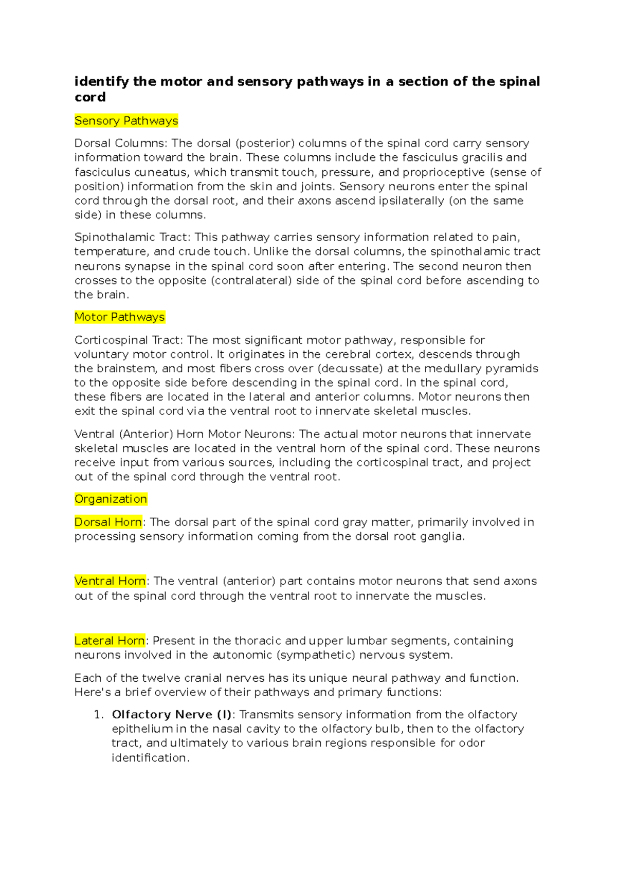 Identify the motor and sensory pathways in a section of the spinal cord ...