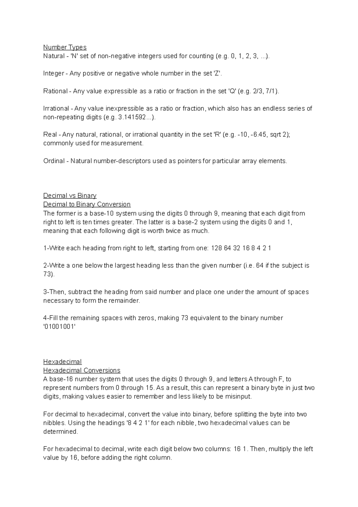 Section 3 - Data Representation Notes - Number Types Natural - 'N' set ...