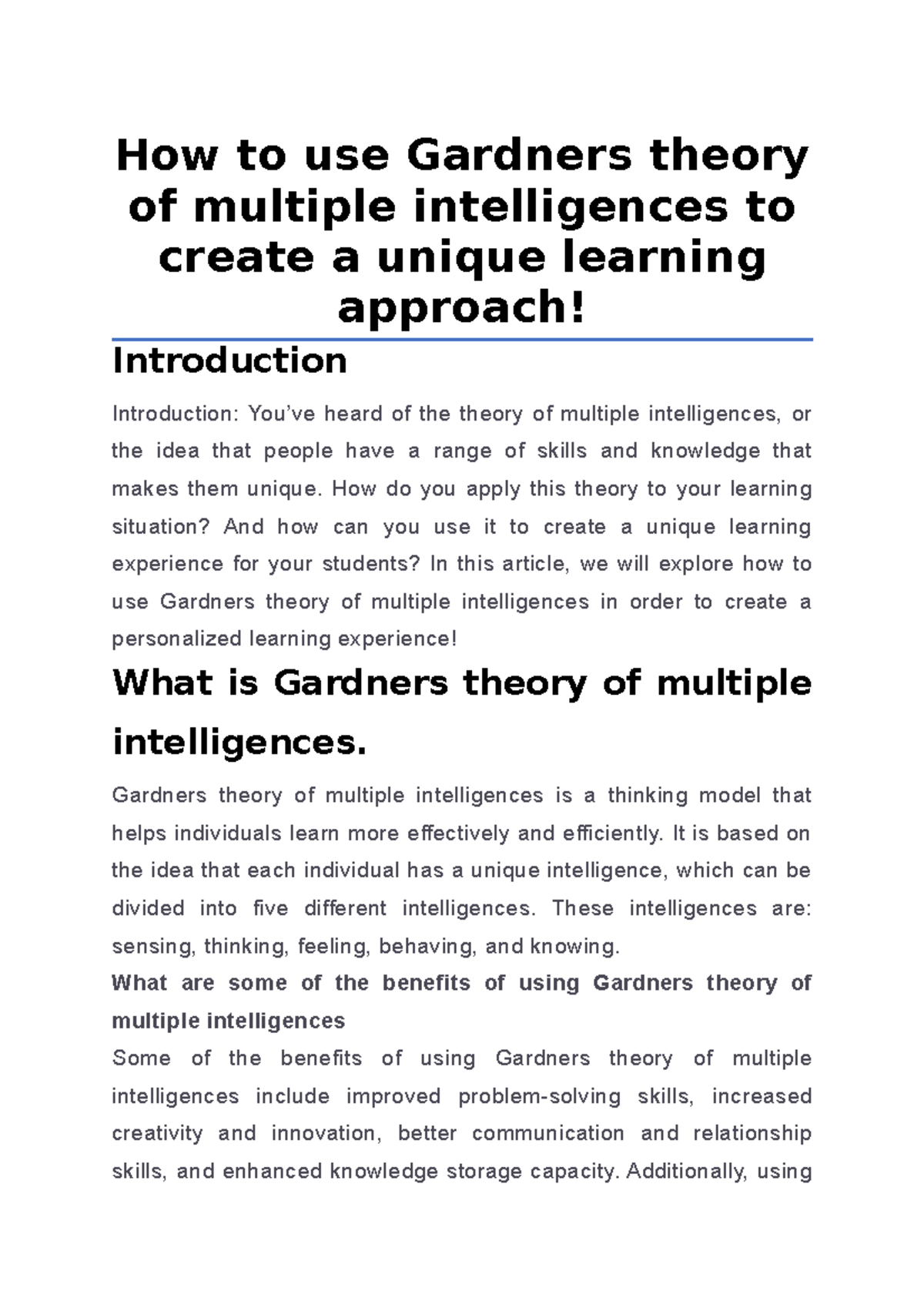 How to use Gardners theory of multiple intelligences to create a unique ...