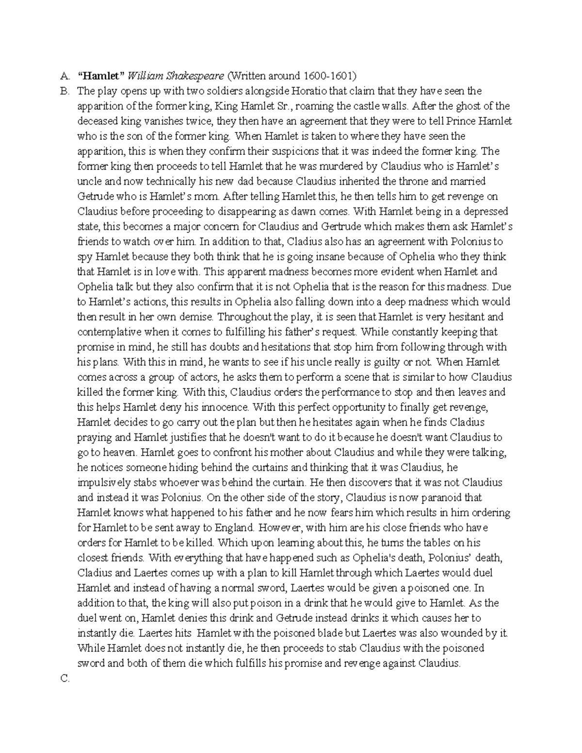 Major Works Review AP Lit - A. “Hamlet” William Shakespeare (Written ...