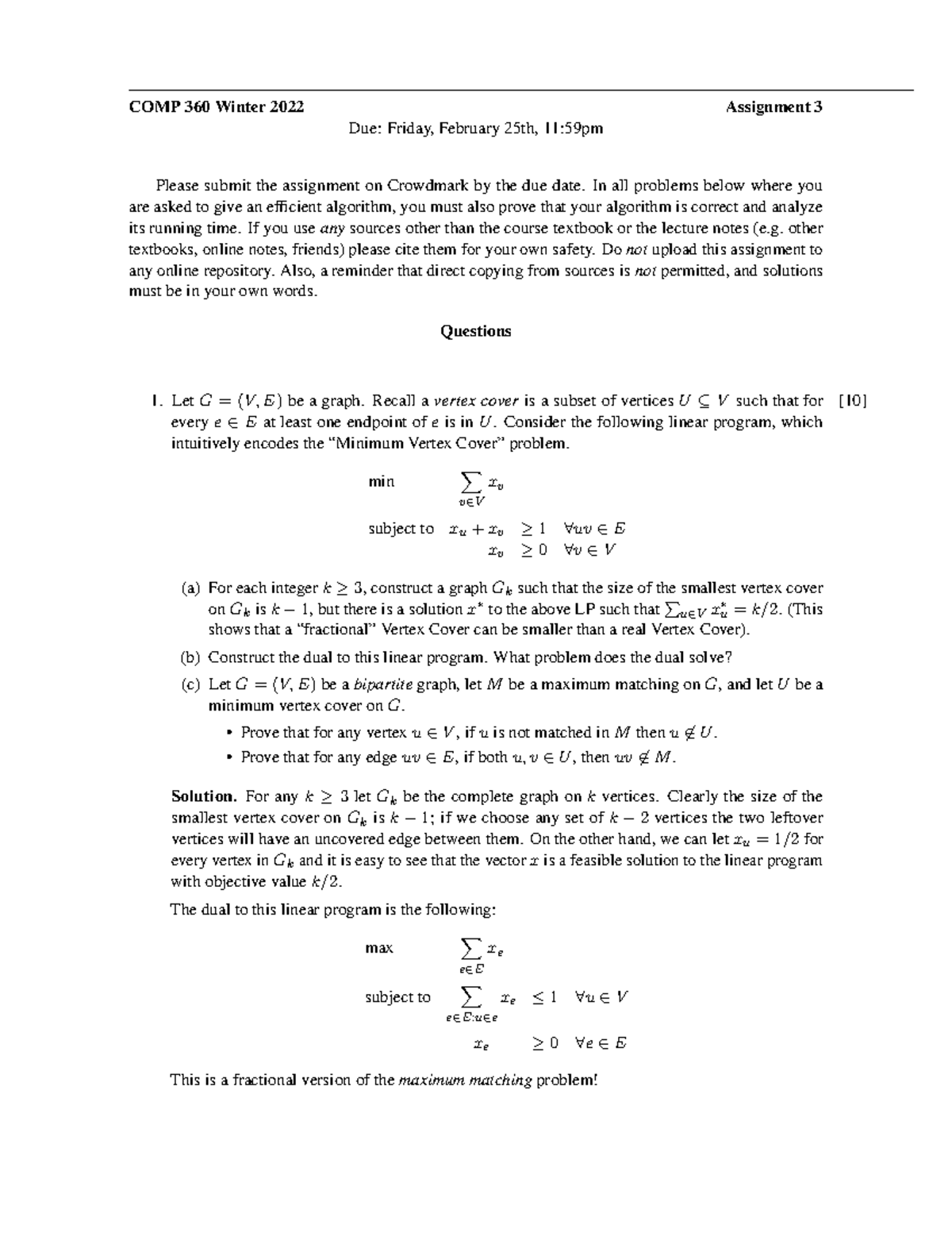 A3-sol - Third Assignment Solutions - COMP 360 Winter 2022 Assignment 3 Due: Friday, February ...