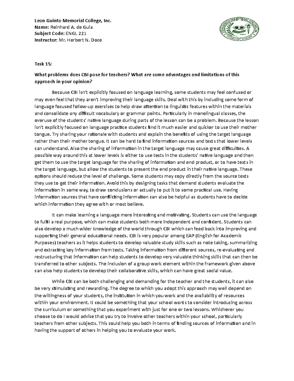 Task 15 - Assignment - Leon Guinto Memorial College, Inc. Name ...