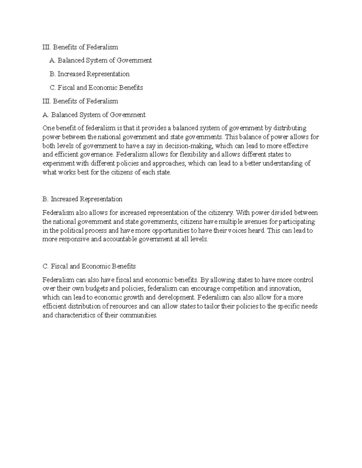 Federalism 3 - Who and what did the federalist do? - III. Benefits of ...