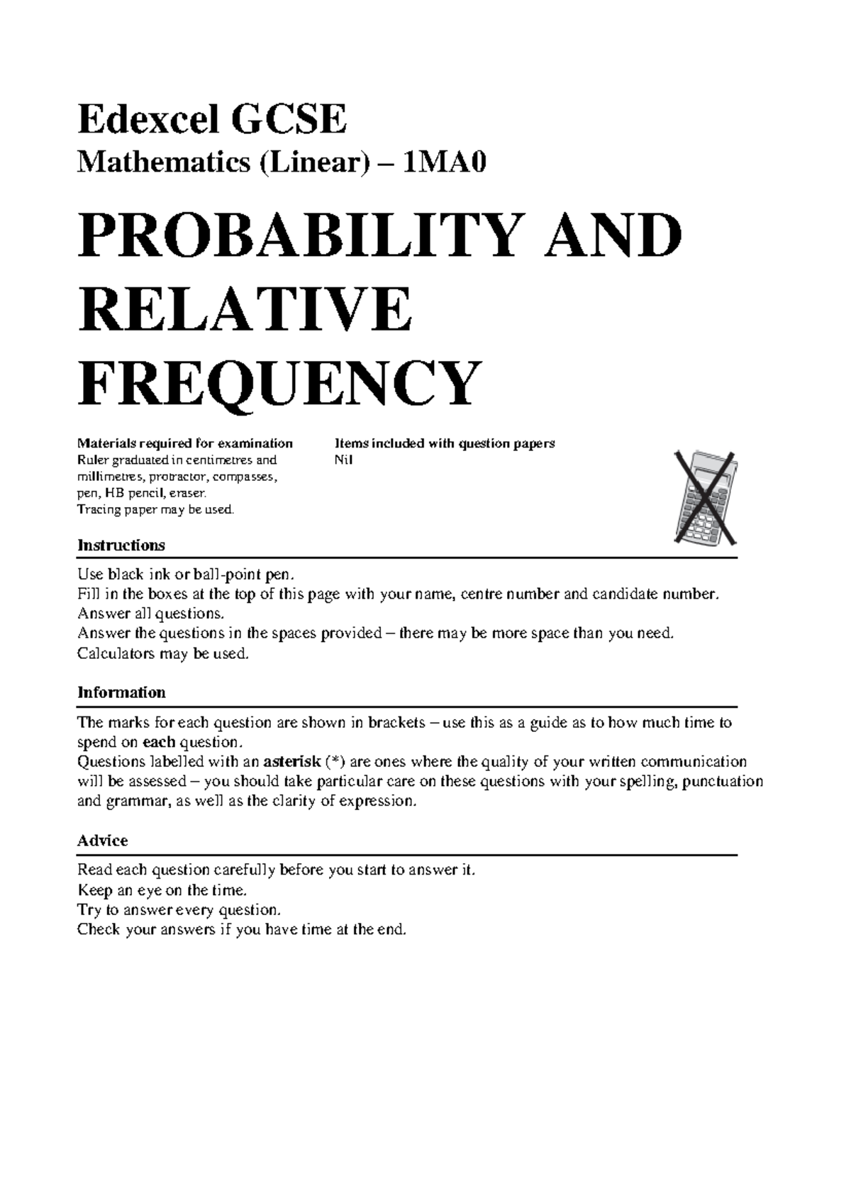 Probability and relative frequency 2 - Edexcel GCSE Mathematics (Linear ...