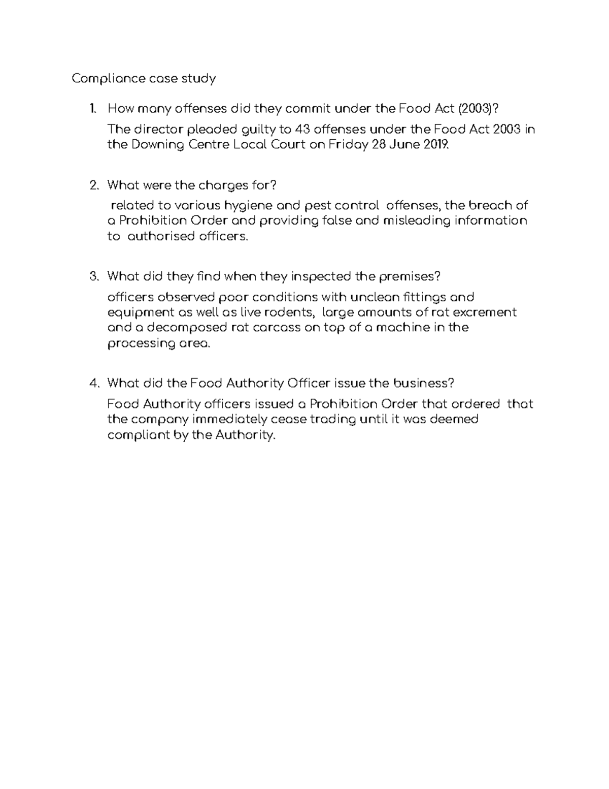 Compliance case study - hospo notes - Compliance case study 1. How many ...