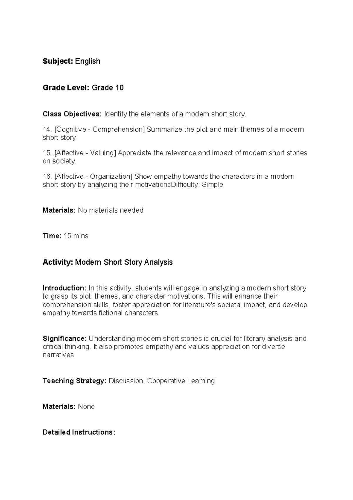 Activity - Practice - Subject: English Grade Level: Grade 10 Class ...