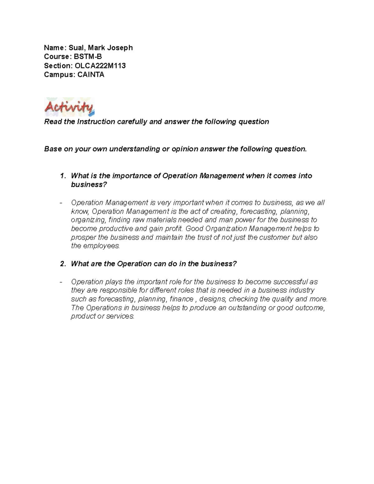 Activitty - Chapter 1 SUAL, MARK Joseph - Name: Sual, Mark Joseph ...