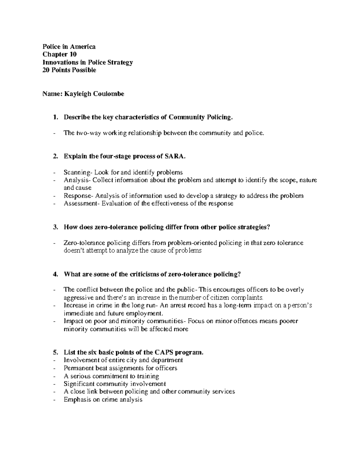 PIA Chapter 10 Worksheet - Police in America Chapter 10 Innovations in ...
